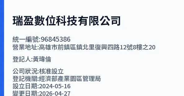 瑞盈數位科技有限公司的照片-統編 96845386(高雄市) 公司登記資料與營業項目詳細圖表