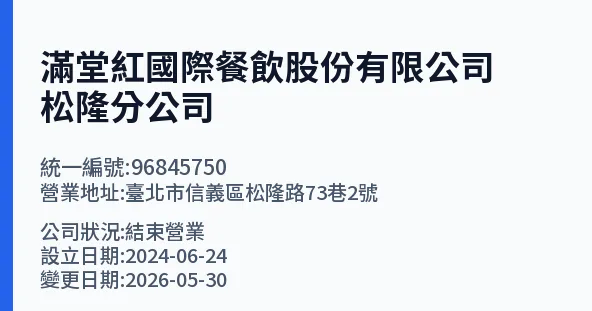 滿堂紅國際餐飲股份有限公司松隆分公司的照片-統編 96845750(臺北市) 公司登記資料與營業項目詳細圖表