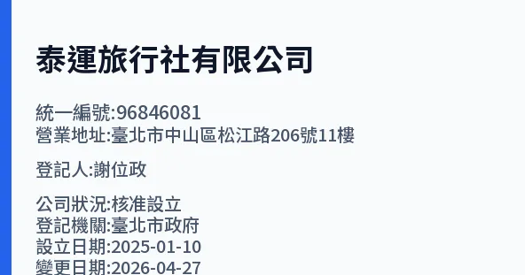泰運旅行社有限公司的照片-統編 96846081(臺北市) 公司登記資料與營業項目詳細圖表