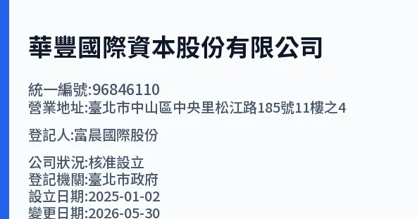 華豐國際資本股份有限公司的照片-統編 96846110(臺北市) 公司登記資料與營業項目詳細圖表