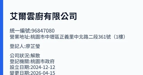 艾爾雲廚有限公司的照片-統編 96847080(桃園市) 公司登記資料與營業項目詳細圖表