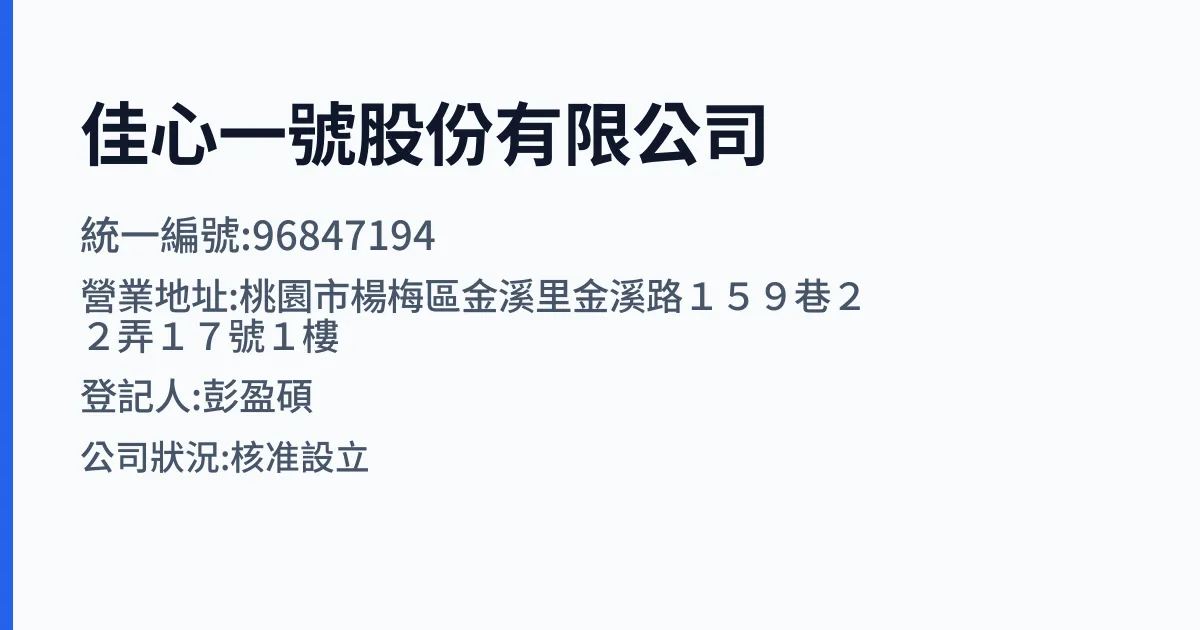 佳心一號股份有限公司 - 統編 96847194(新北市) 公司登記資料與營業項目詳細圖表