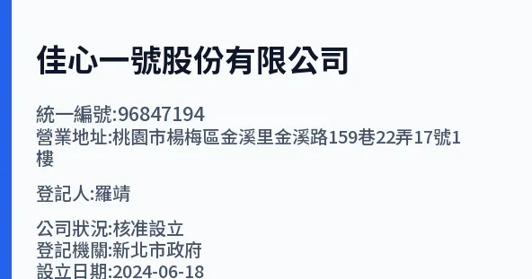 佳心一號股份有限公司的照片-統編 96847194(桃園市) 公司登記資料與營業項目詳細圖表