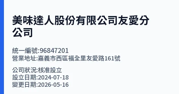 美味達人股份有限公司友愛分公司的照片-統編 96847201(嘉義市) 公司登記資料與營業項目詳細圖表
