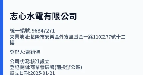 志心水電有限公司的照片-統編 96847271(基隆市) 公司登記資料與營業項目詳細圖表