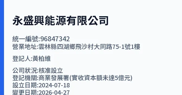 永盛興能源有限公司的照片-統編 96847342(雲林縣) 公司登記資料與營業項目詳細圖表