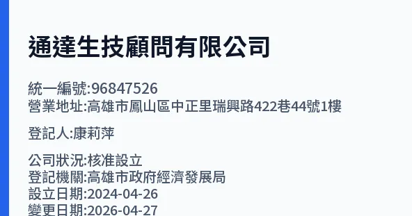 通達生技顧問有限公司的照片-統編 96847526(高雄市) 公司登記資料與營業項目詳細圖表