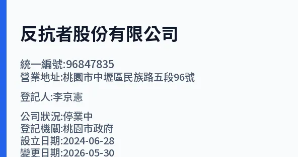 反抗者股份有限公司的照片-統編 96847835(桃園市) 公司登記資料與營業項目詳細圖表