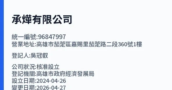承燁有限公司的照片-統編 96847997(高雄市) 公司登記資料與營業項目詳細圖表