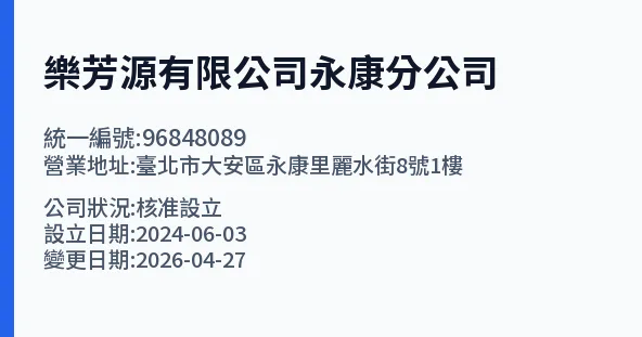 樂芳源有限公司永康分公司的照片-統編 96848089(臺北市) 公司登記資料與營業項目詳細圖表