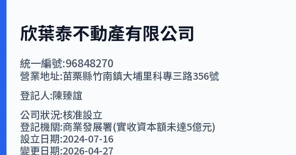 欣葉泰不動產有限公司的照片-統編 96848270(苗栗縣) 公司登記資料與營業項目詳細圖表