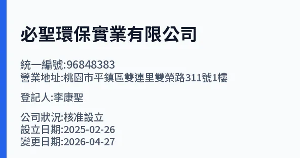 必聖環保實業有限公司的照片-統編 96848383(桃園市) 公司登記資料與營業項目詳細圖表