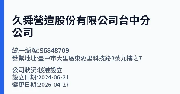 久舜營造股份有限公司台中分公司的照片-統編 96848709(臺中市) 公司登記資料與營業項目詳細圖表