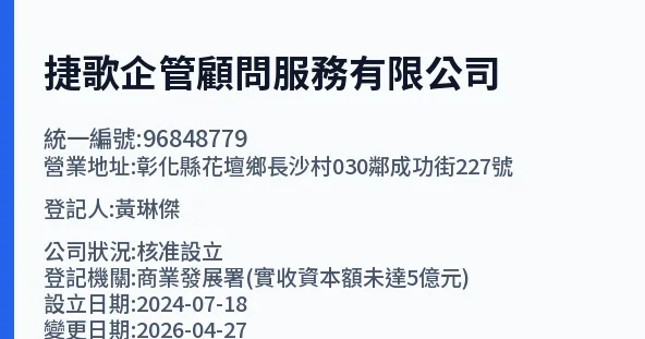 捷歌企管顧問服務有限公司的照片-統編 96848779(彰化縣) 公司登記資料與營業項目詳細圖表