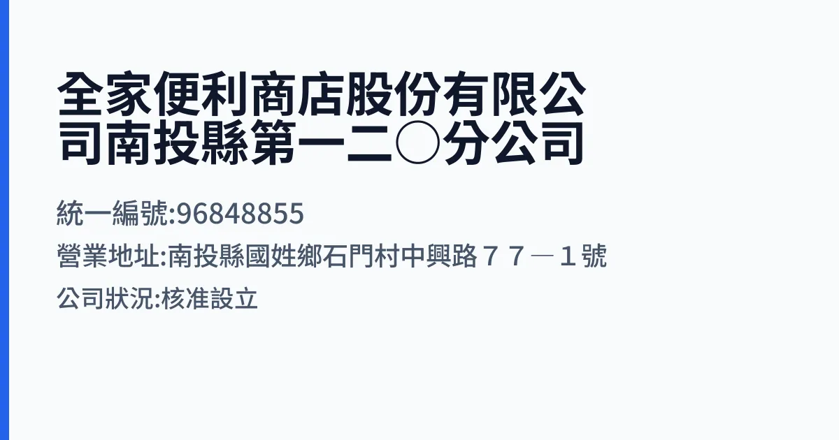 全家便利商店股份有限公司南投縣第一二○分公司 - 統編 96848855(南投縣) 公司登記資料與營業項目詳細圖表