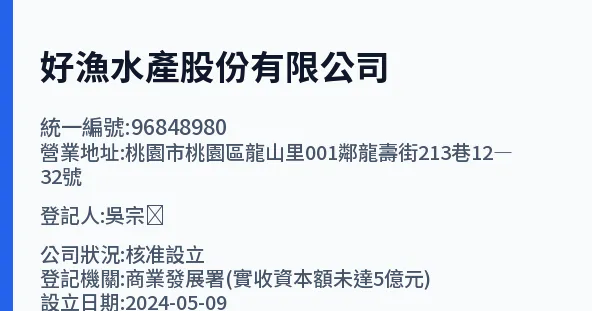 好漁水產股份有限公司的照片-統編 96848980(桃園市) 公司登記資料與營業項目詳細圖表