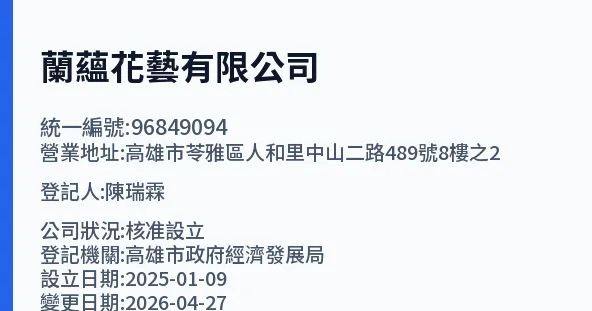 蘭蘊花藝有限公司的照片-統編 96849094(高雄市) 公司登記資料與營業項目詳細圖表
