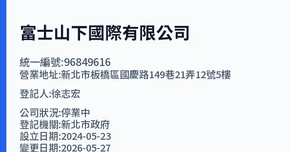 富士山下國際有限公司的照片-統編 96849616(新北市) 公司登記資料與營業項目詳細圖表