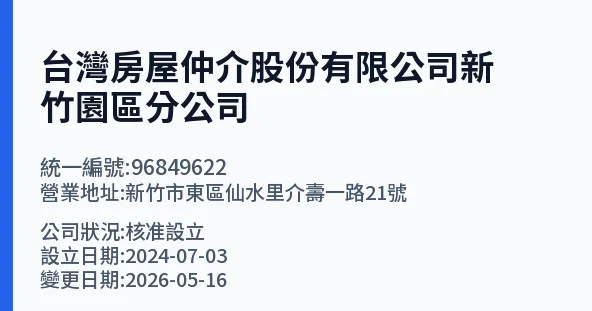 台灣房屋仲介股份有限公司新竹園區分公司的照片-統編 96849622(新竹市) 公司登記資料與營業項目詳細圖表