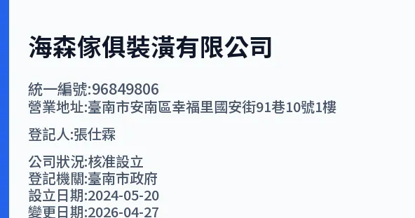 海森傢俱裝潢有限公司的照片-統編 96849806(臺南市) 公司登記資料與營業項目詳細圖表