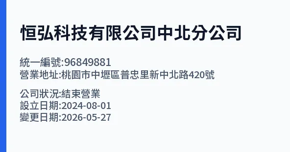 恒弘科技有限公司中北分公司的照片-統編 96849881(桃園市) 公司登記資料與營業項目詳細圖表