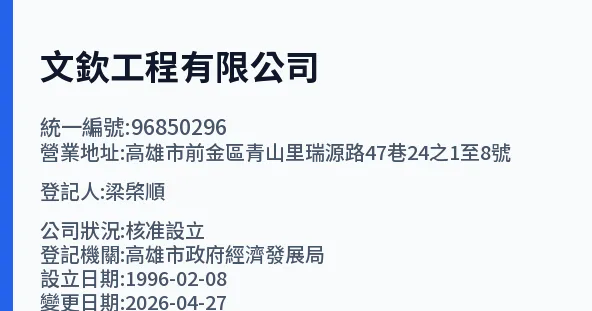 文欽工程有限公司的照片-統編 96850296(高雄市) 公司登記資料與營業項目詳細圖表