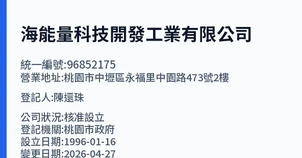 海能量科技開發工業有限公司的照片-統編 96852175(桃園市) 公司登記資料與營業項目詳細圖表