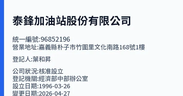 泰鋒加油站股份有限公司的照片-統編 96852196(嘉義縣) 公司登記資料與營業項目詳細圖表