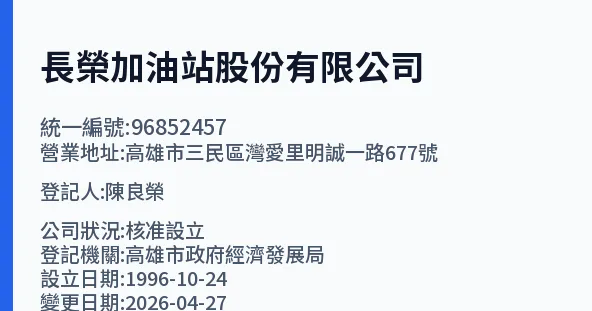 長榮加油站股份有限公司的照片-統編 96852457(高雄市) 公司登記資料與營業項目詳細圖表
