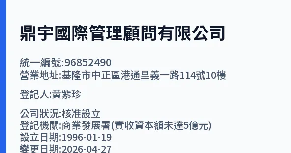 鼎宇國際管理顧問有限公司的照片-統編 96852490(基隆市) 公司登記資料與營業項目詳細圖表