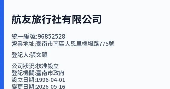 航友旅行社有限公司的照片-統編 96852528(臺南市) 公司登記資料與營業項目詳細圖表