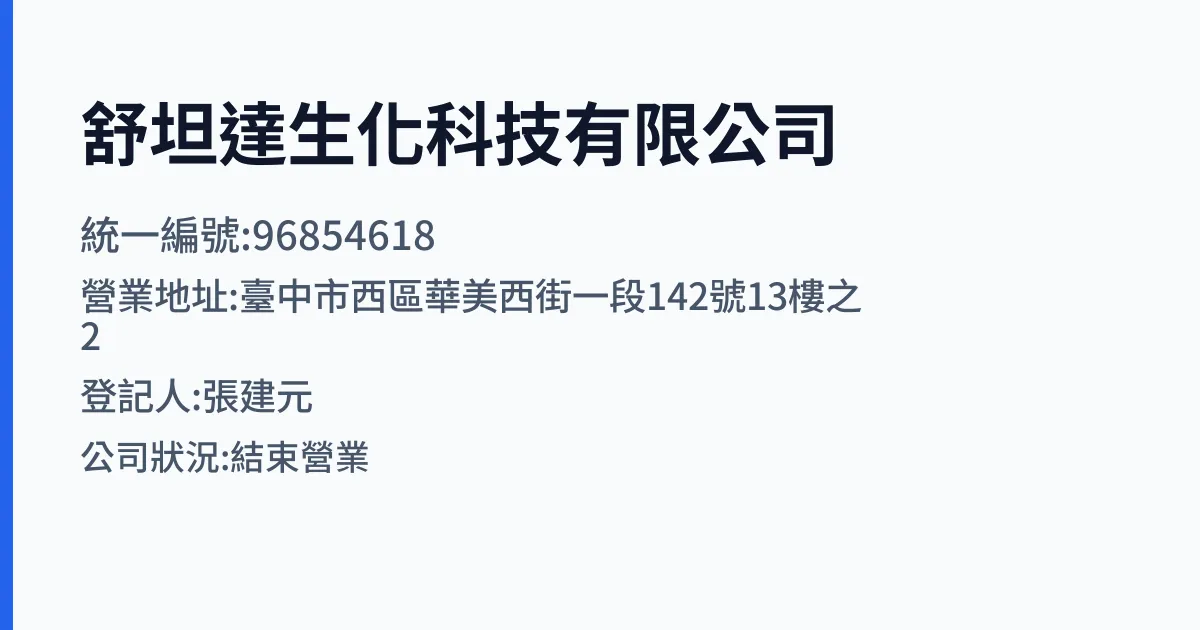 舒坦達生化科技有限公司 - 統編 96854618(臺中市) 公司登記資料與營業項目詳細圖表