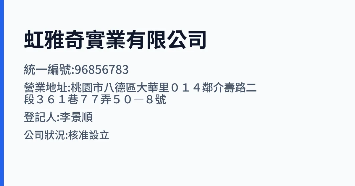 虹雅奇實業有限公司 - 統編 96856783(桃園市) 公司登記資料與營業項目詳細圖表
