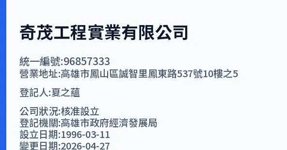 奇茂工程實業有限公司的照片-統編 96857333(高雄市) 公司登記資料與營業項目詳細圖表