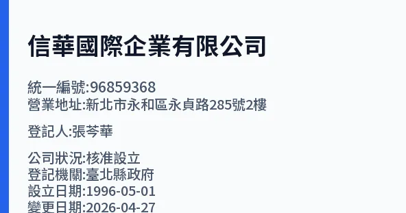 信華國際企業有限公司的照片-統編 96859368(新北市) 公司登記資料與營業項目詳細圖表