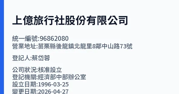 上億旅行社股份有限公司的照片-統編 96862080(苗栗縣) 公司登記資料與營業項目詳細圖表