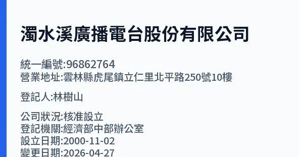 濁水溪廣播電台股份有限公司的照片-統編 96862764(雲林縣) 公司登記資料與營業項目詳細圖表