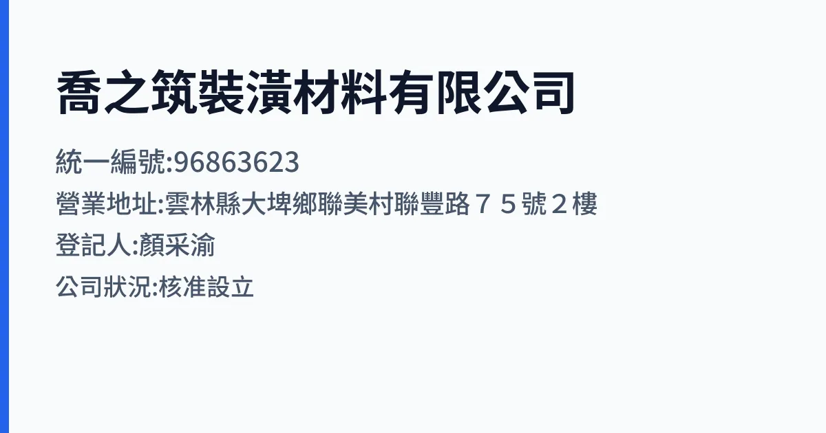 喬之筑裝潢材料有限公司 - 統編 96863623(雲林縣) 公司登記資料與營業項目詳細圖表