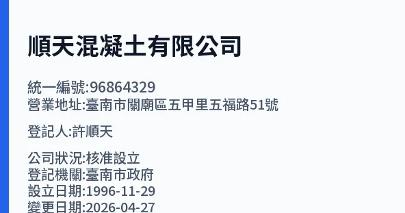 順天混凝土有限公司的照片-統編 96864329(臺南市) 公司登記資料與營業項目詳細圖表