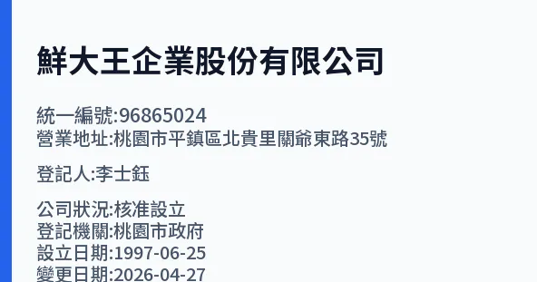 鮮大王企業股份有限公司的照片-統編 96865024(桃園市) 公司登記資料與營業項目詳細圖表
