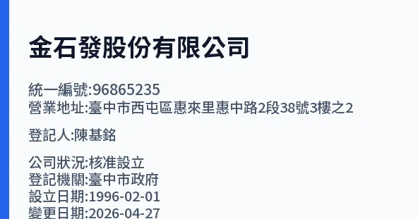 金石發股份有限公司的照片-統編 96865235(臺中市) 公司登記資料與營業項目詳細圖表