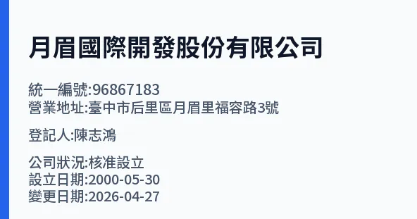 月眉國際開發股份有限公司的照片-統編 96867183(臺中市) 公司登記資料與營業項目詳細圖表