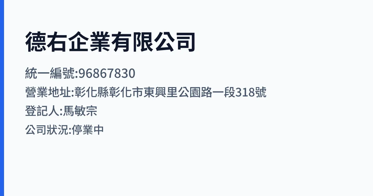 德右企業有限公司 - 統編 96867830(彰化縣) 公司登記資料與營業項目詳細圖表