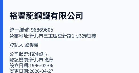 裕豐龍鋼鐵有限公司的照片-統編 96869605(新北市) 公司登記資料與營業項目詳細圖表