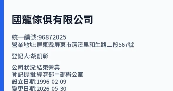 國龍傢俱有限公司的照片-統編 96872025(屏東縣) 公司登記資料與營業項目詳細圖表