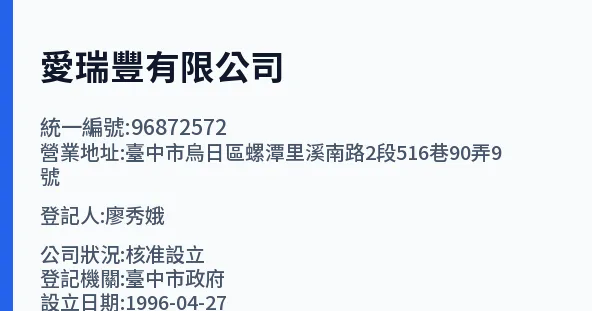 愛瑞豐有限公司的照片-統編 96872572(臺中市) 公司登記資料與營業項目詳細圖表