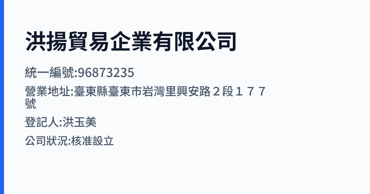 洪揚貿易企業有限公司 - 統編 96873235(臺東縣) 公司登記資料與營業項目詳細圖表