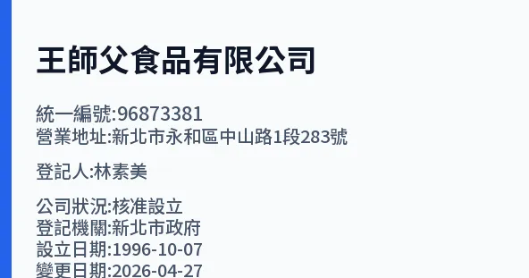 王師父食品有限公司的照片-統編 96873381(新北市) 公司登記資料與營業項目詳細圖表