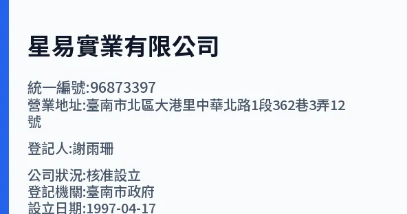 星易實業有限公司的照片-統編 96873397(臺南市) 公司登記資料與營業項目詳細圖表