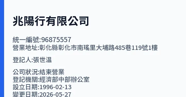 兆陽行有限公司的照片-統編 96875557(彰化縣) 公司登記資料與營業項目詳細圖表